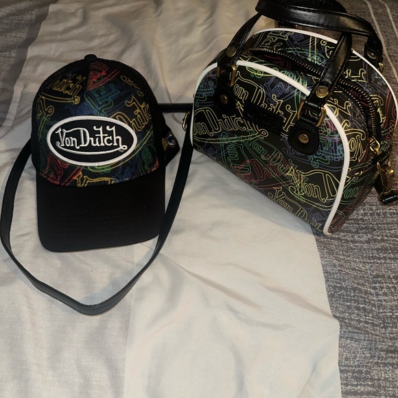 Von Dutch | Bags | Von Dutch Black Multicolor Hat And Bag Set | Poshmark